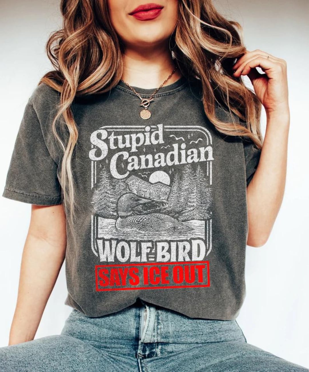 Vintage Stupid Canadian Wolf Bird Loon Anti Ice Shirt | Abolish ICE ...