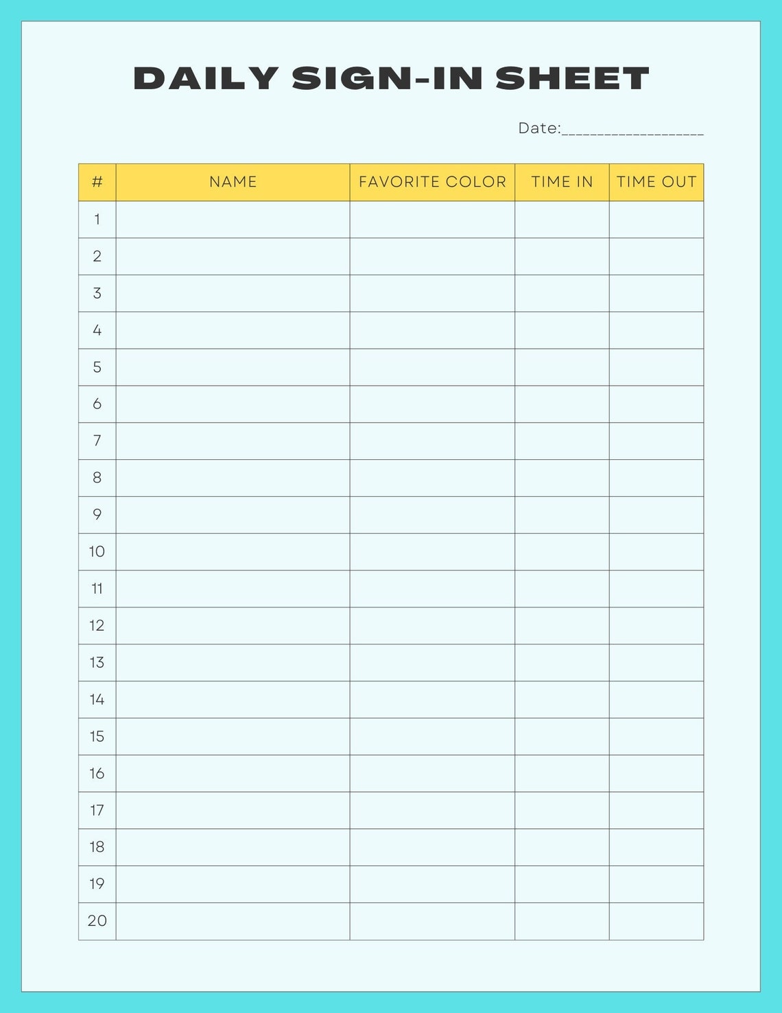 Sign in Sheet, Downloadable Sign in Sheet, Instant Download, Digital ...