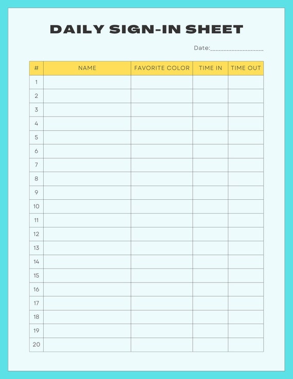 Sign in Sheet Downloadable Sign in Sheet Instant Download - Etsy