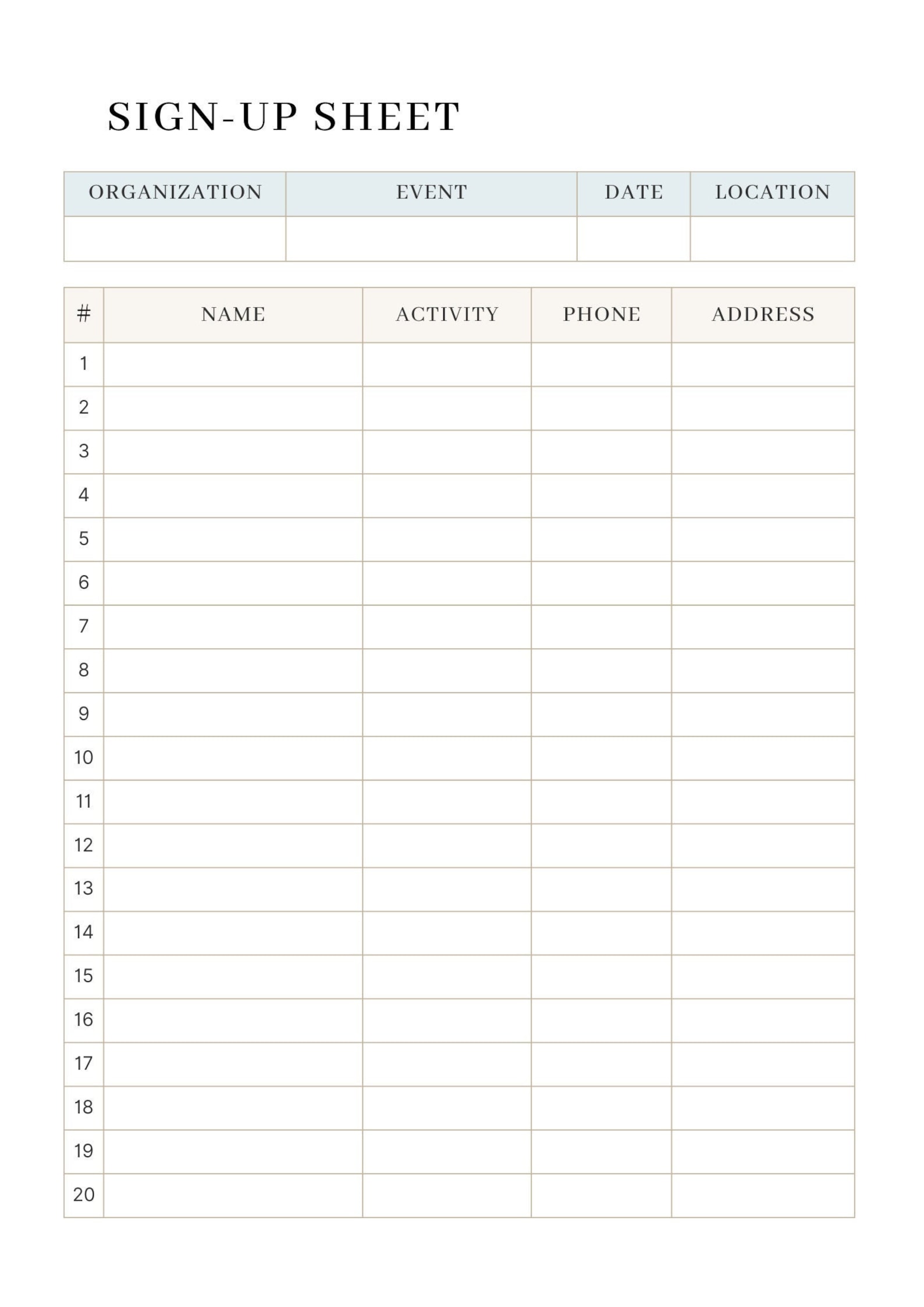 Sign up Sheet, Downloadable Sign in Sheet, Instant Download, Digital ...