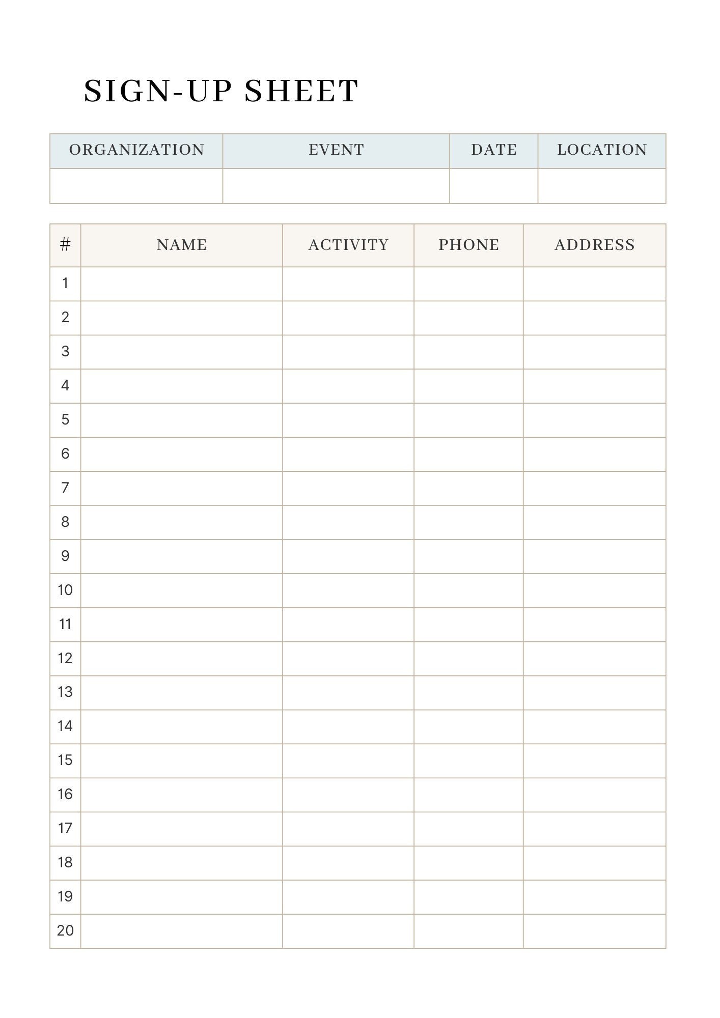 Sign up Sheet, Downloadable Sign in Sheet, Instant Download, Digital ...
