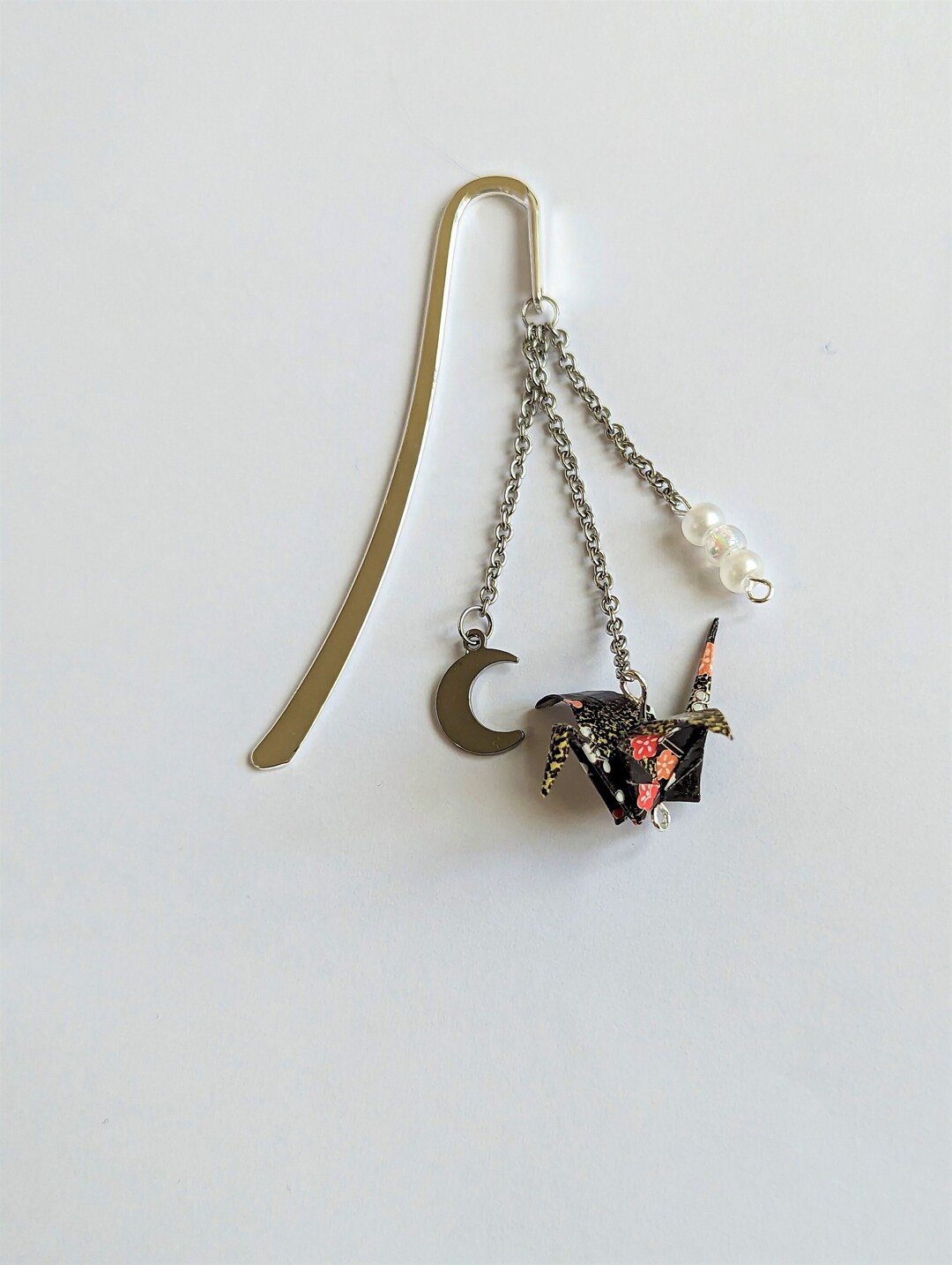 Jeweled Bookmark With Japanese Origami Crane, Moon Charm and Glass ...