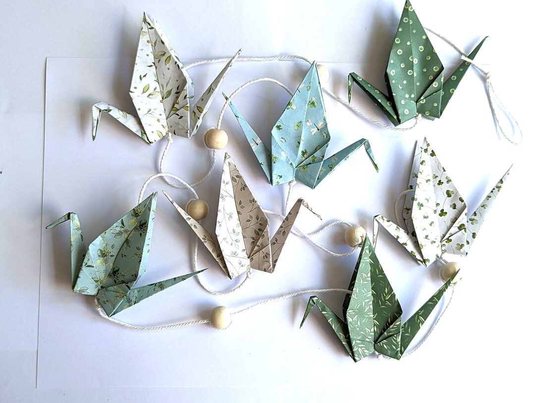 Origami Garland of Japanese Cranes Green Blue Eucalyptus - Etsy