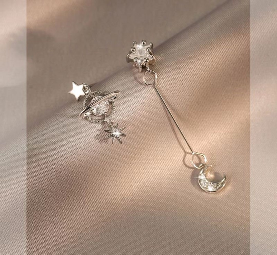 Moon and Star Earring, Celestial Pearl Earrings, Night Sky Drop ...