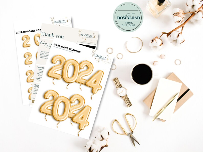 Gold Foil Balloon 2024 Theme Printable Cake Topper, NYE Party 2024 ...