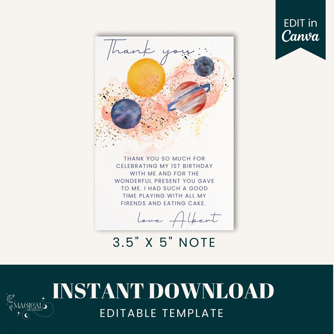 First Birthday Thank You Note, Space Birthday, Space Thanks Card, 1st ...