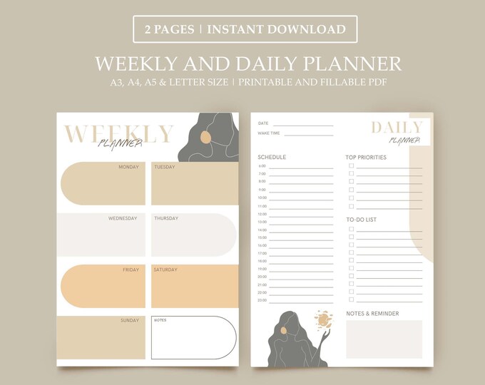 Minimalist Printable Daily & Weekly Hourly Planner, Set of Two, A3,A4 ...