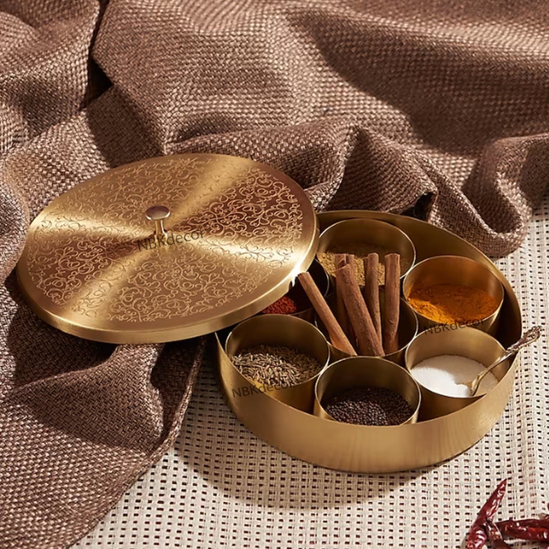 Indian Style Handmade Brass Spice Box, Brass Engraved Spicy Box, Spice ...