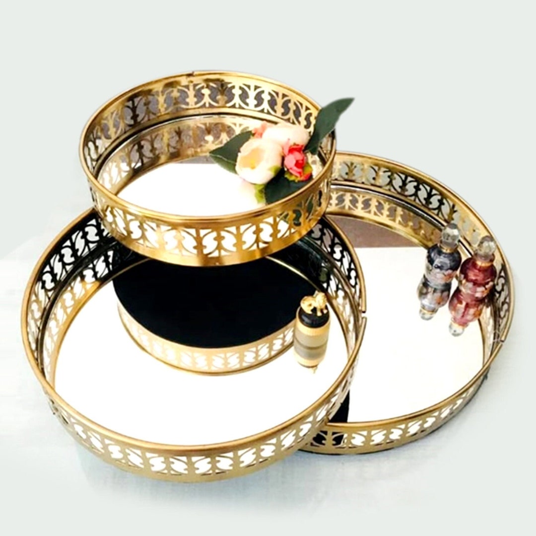 Brass Round Vanity Tray, Perfume Tray, Mirror Tray, Vintage Mirror ...