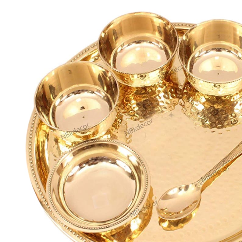 Brass Dinnerware Set, Thali Sets, Hammered Thali 12 Inch, Sweet Dish ...