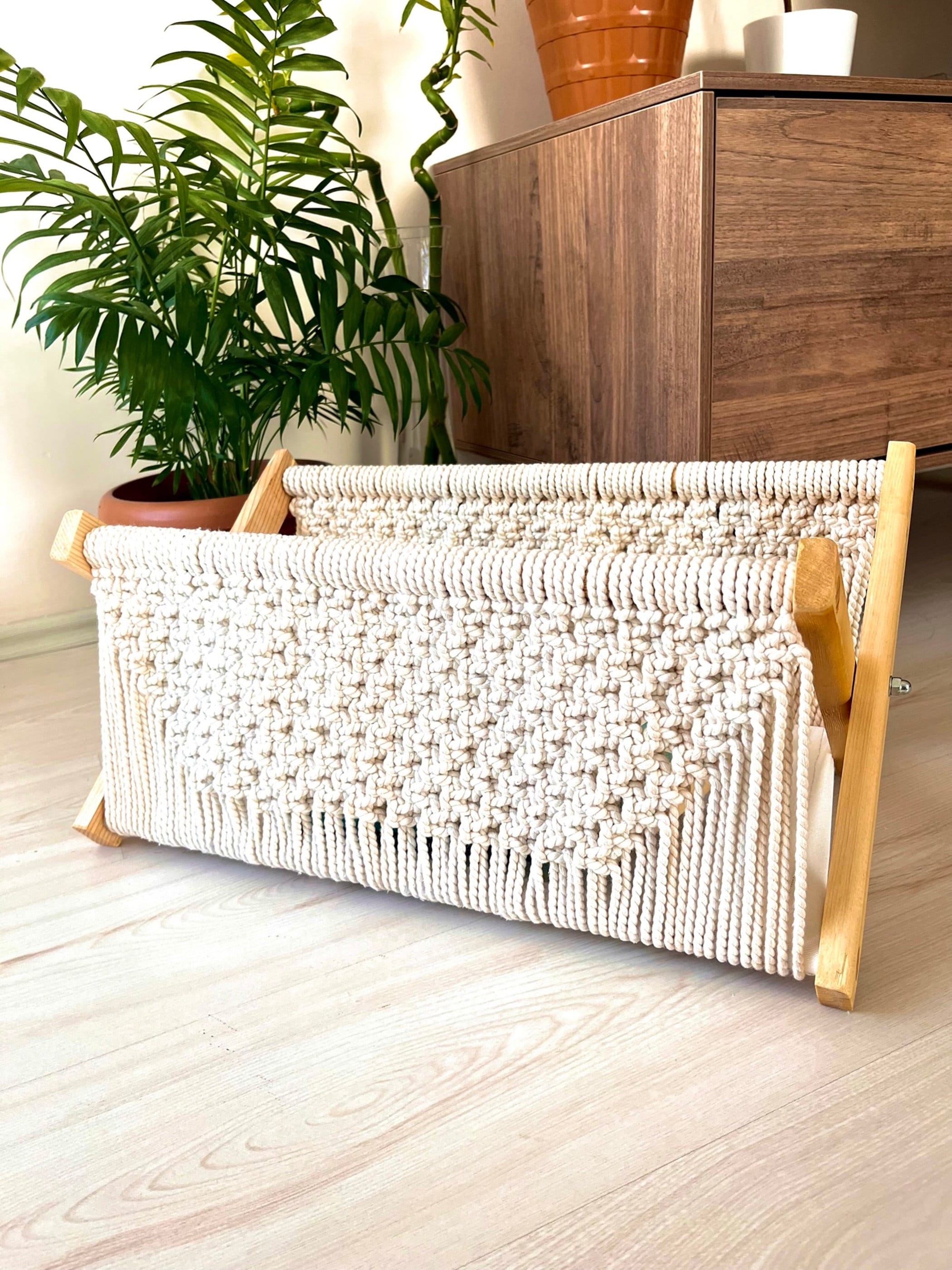 Handcrafted Wooden Magazine Rack,wooden Macrame Newspaper Holder,unique ...