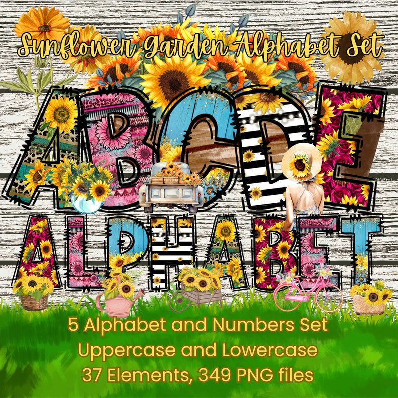 Sunflower Doodle Alphabet PNG, PNG Letters, Numbers & Elements, Floral ...