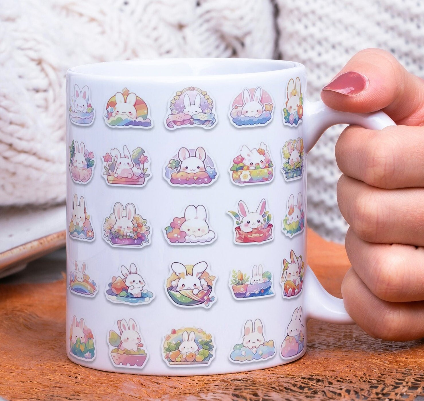 Cute Baby Bunny Stickers Design Effect Wrap Around Mug Design 11oz ...
