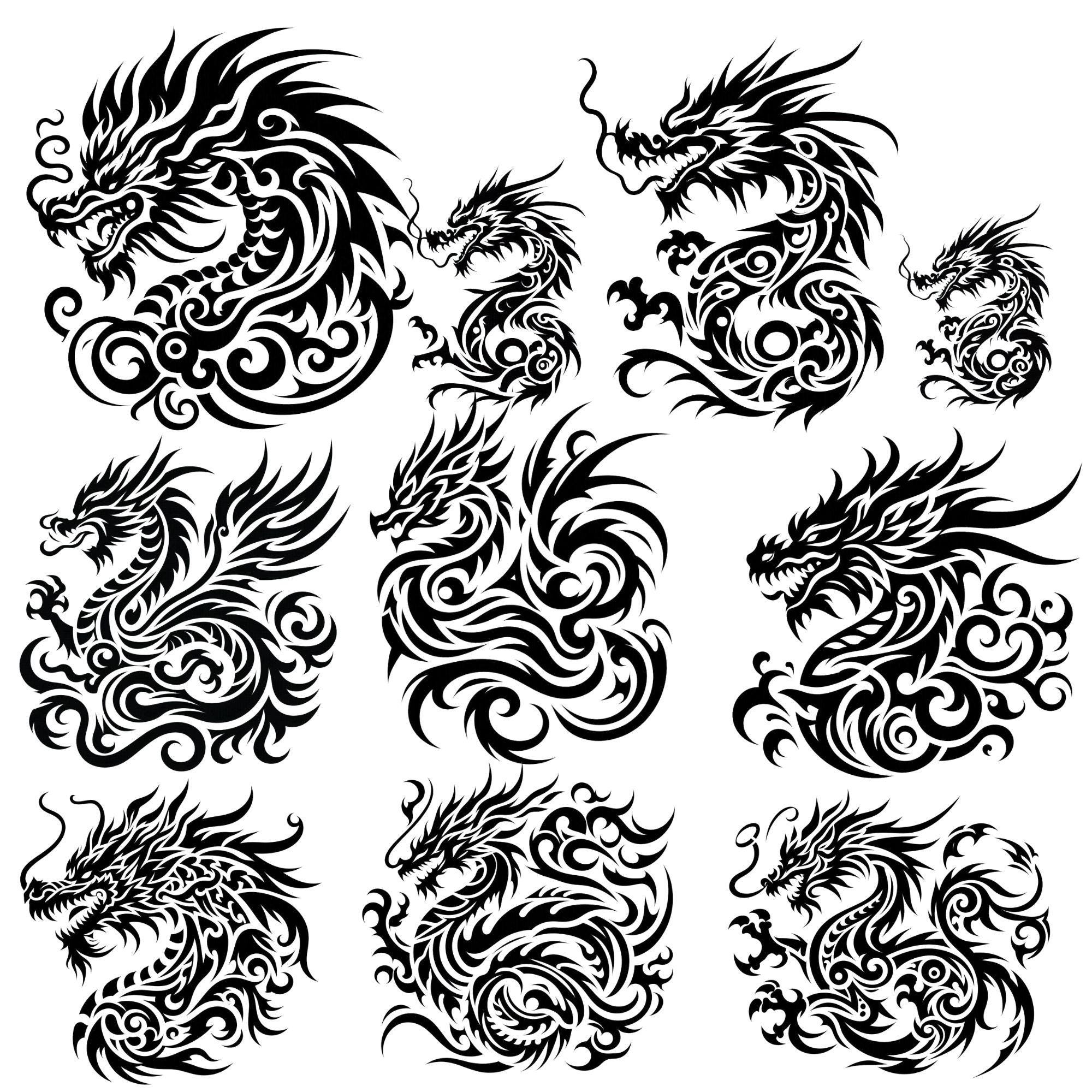 250 Tribal Dragon Patterns PNG Bundle, Dragon Tattoo, Mytical Dragon ...