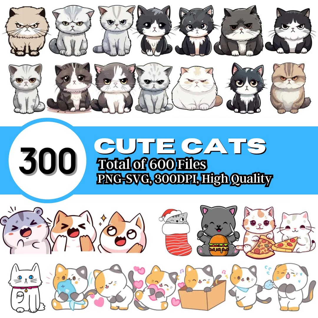 Cute Cats 300 PNG SVG Bundle File, Kitten Collection, Clipart for ...