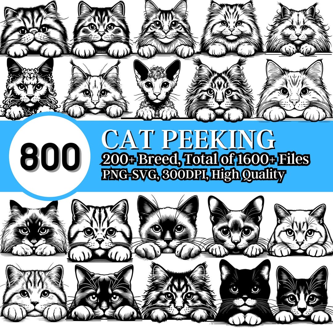 800 Cat Peeking SVG Bundle File, 200 Breeds Collection, Cat Clipart for ...