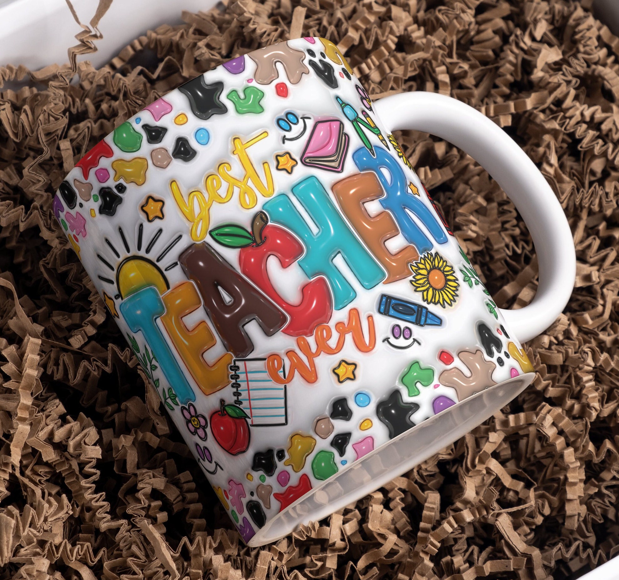 Best Teacher Ever 3D Puffed, Inflated Wrap Around Mug Design 11oz, 15oz ...