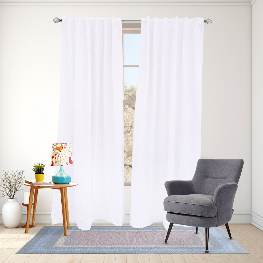 Extra Long White Velvet Curtain Set Two Panel Window Drapery With Rod ...