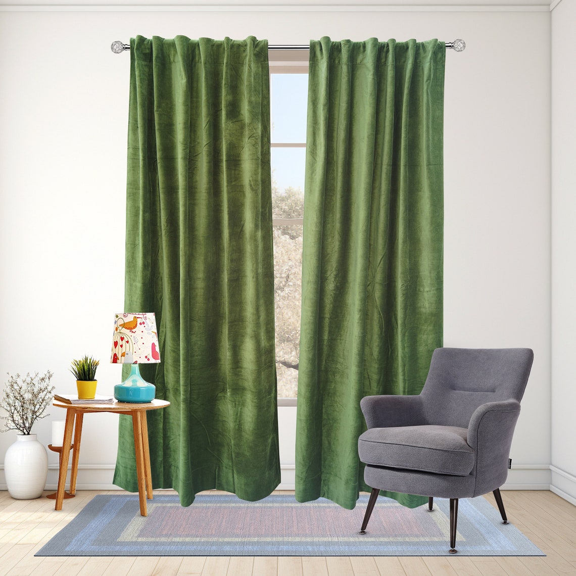 Deep Green Velvet Curtain Set Extra Long Two Panel Drapery With Rod ...
