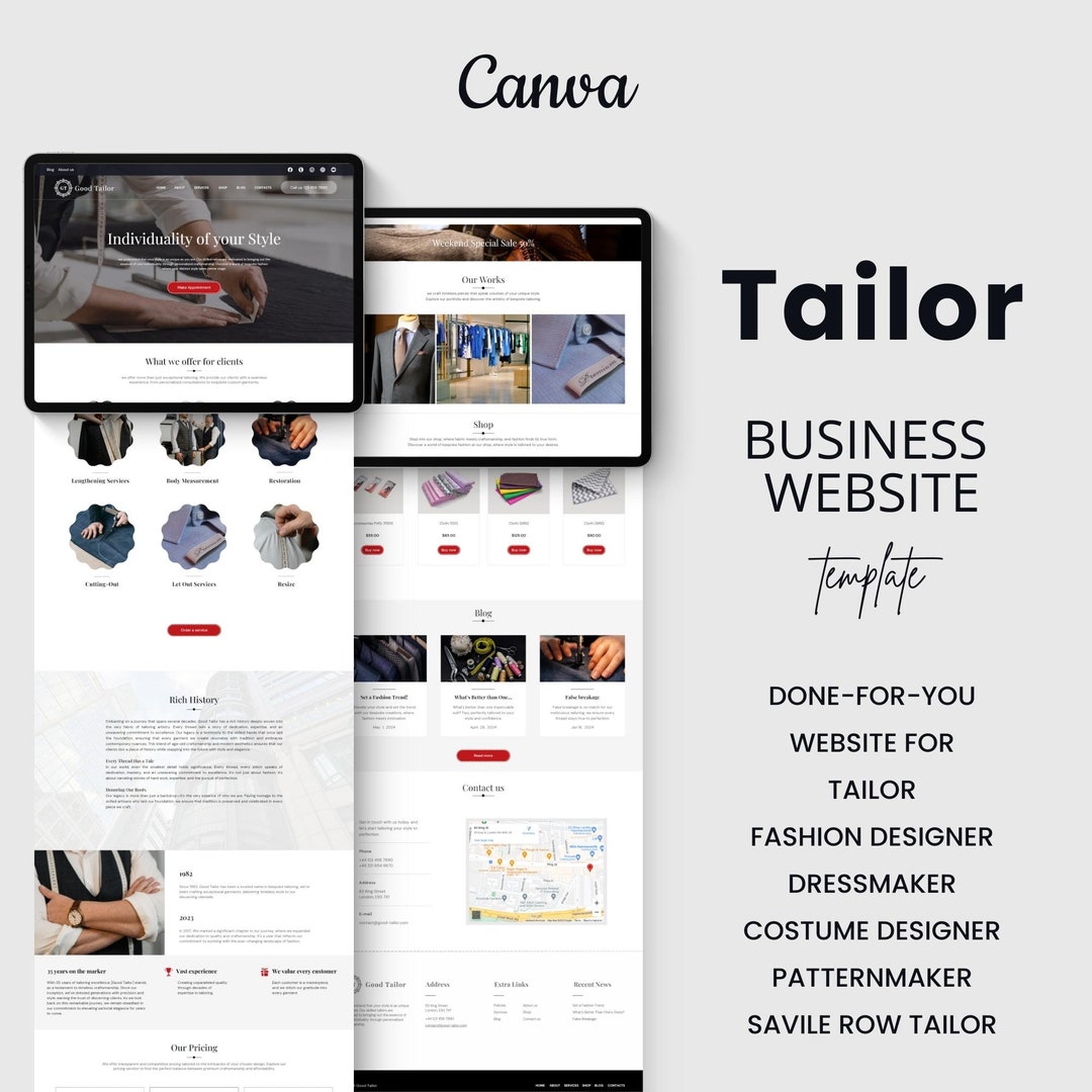 Tailor Website Template Canva Website Dressmaker Fashion Designer Business Website Canva ...