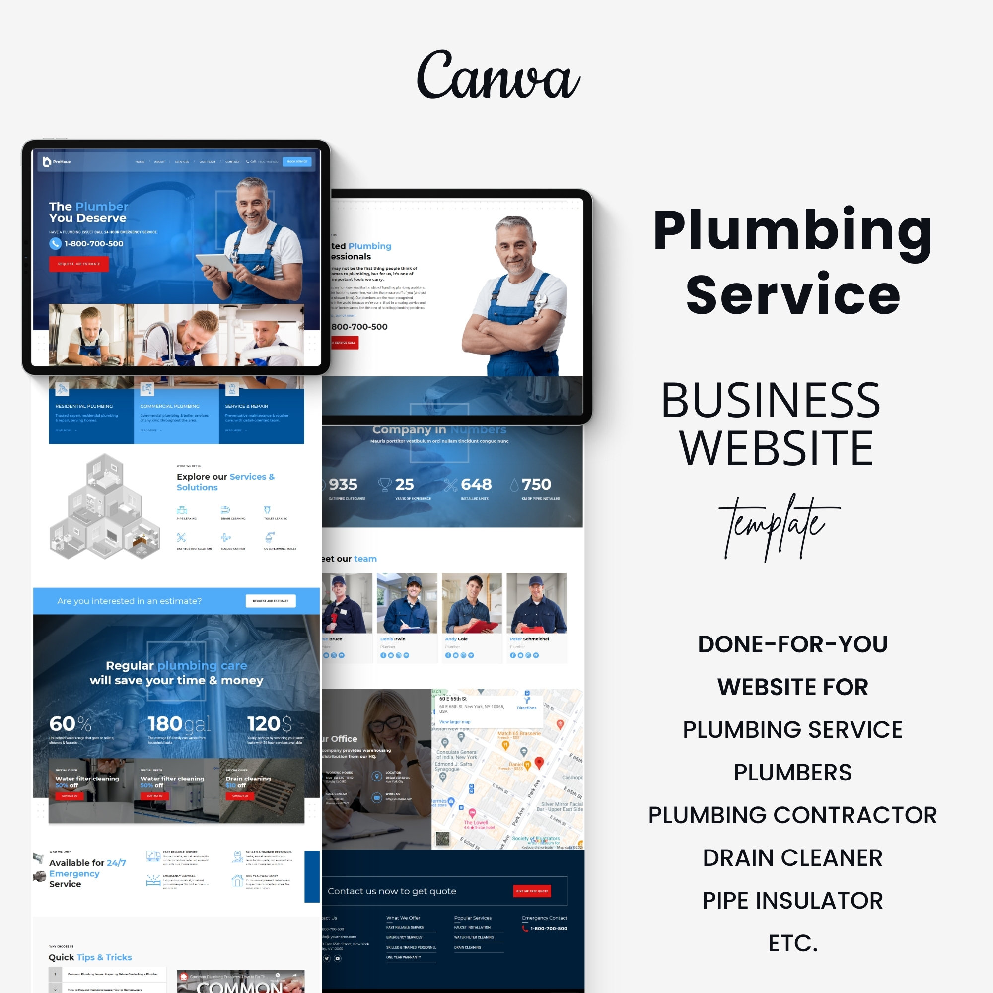Plumbing Service Website Template for Small Businesses | Editable Canva ...