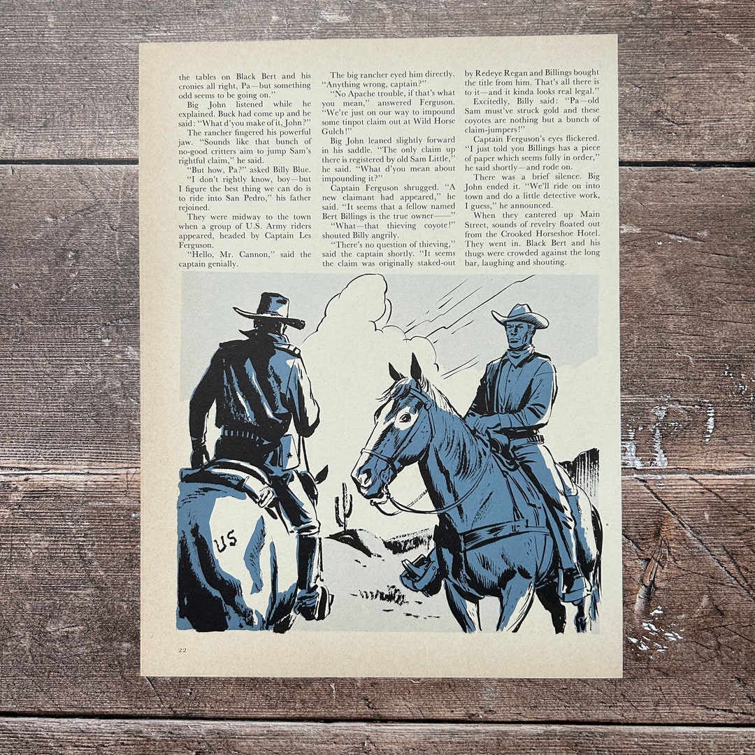 Vintage Children's Book Illustration Comic Cowboy Riding Horses Wild ...