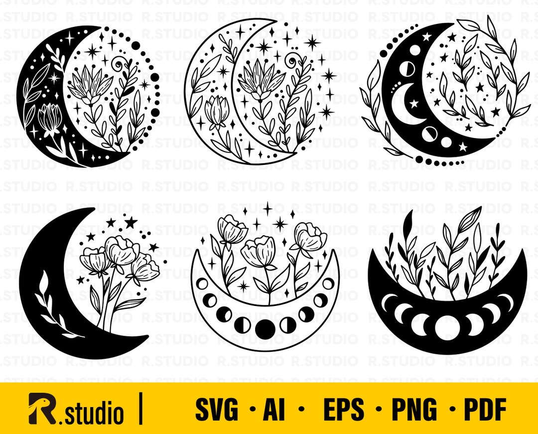 Floral Moon SVG/ Boho Floral Monogram Svg/ Cut File/ Cricut/ Clipart ...