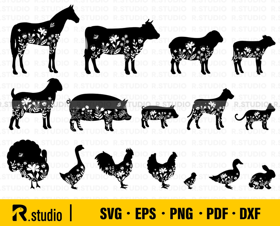 16 Floral Farm Animals SVG/ Cut File/ Cricut/ Floral Rooster Dog Duck ...