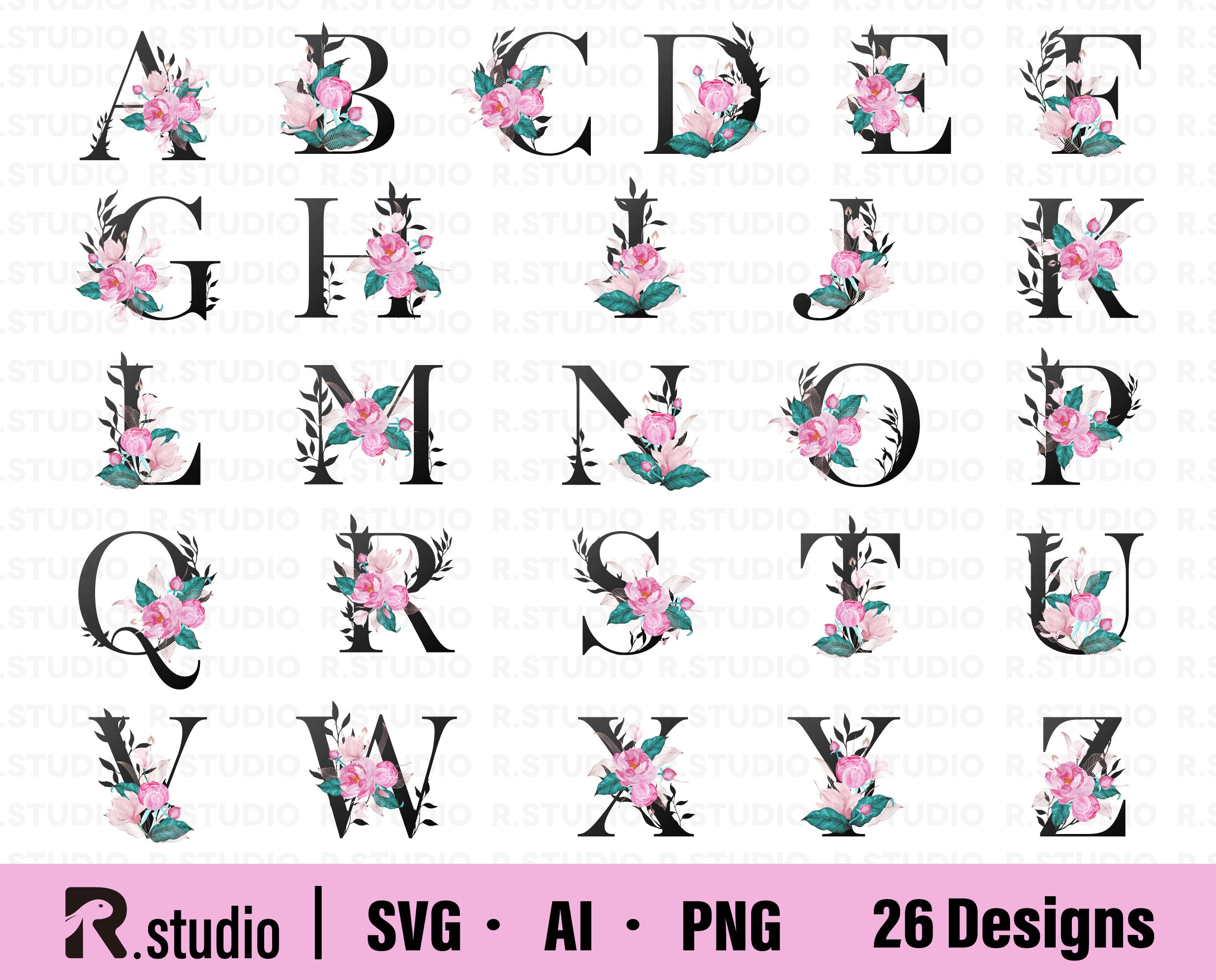 26 Letters Svg Files/ Flowers SVG Bundle/ Monogram SVG/ Floral Letters ...