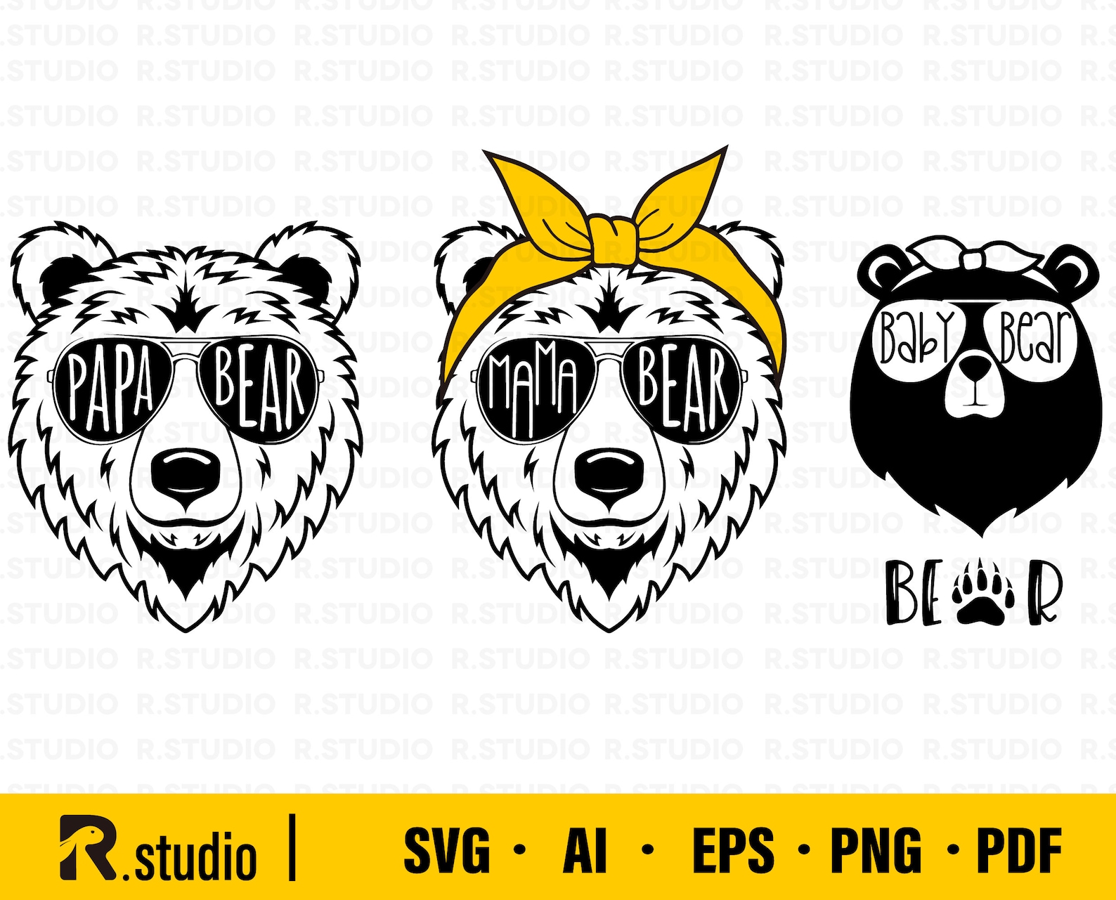 Bear Family SVG Files/ Mama Bear Bandana Bow Svg/ Papa Bear Svg/ Baby ...