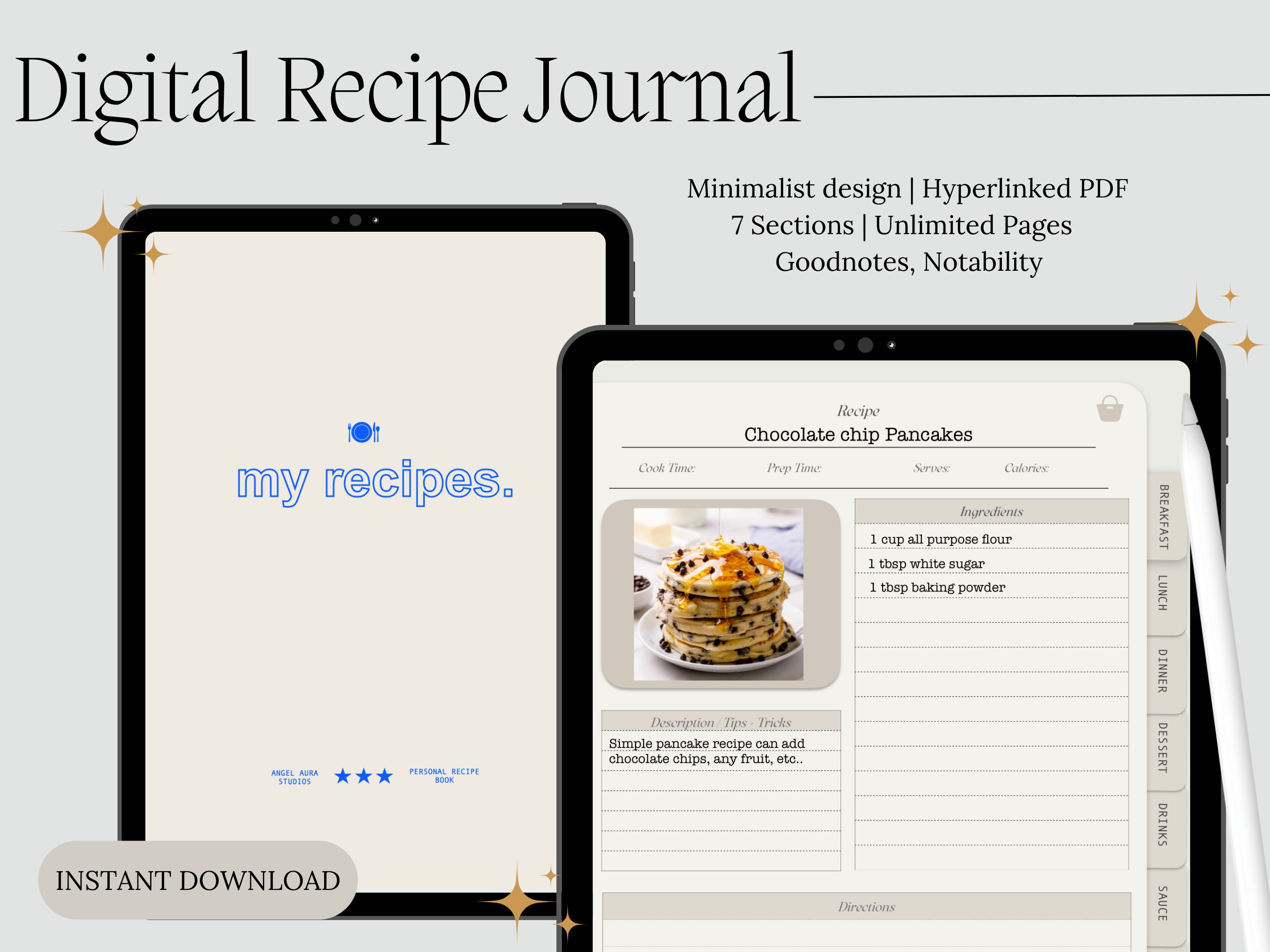 Digital Recipe Book for Goodnotes, Notability, Digital Recipe Journal ...