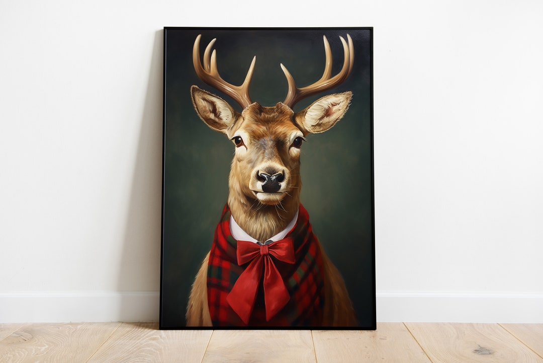 Christmas Reindeer Portrait Print: Animal Head Human Body Oil Painting ...