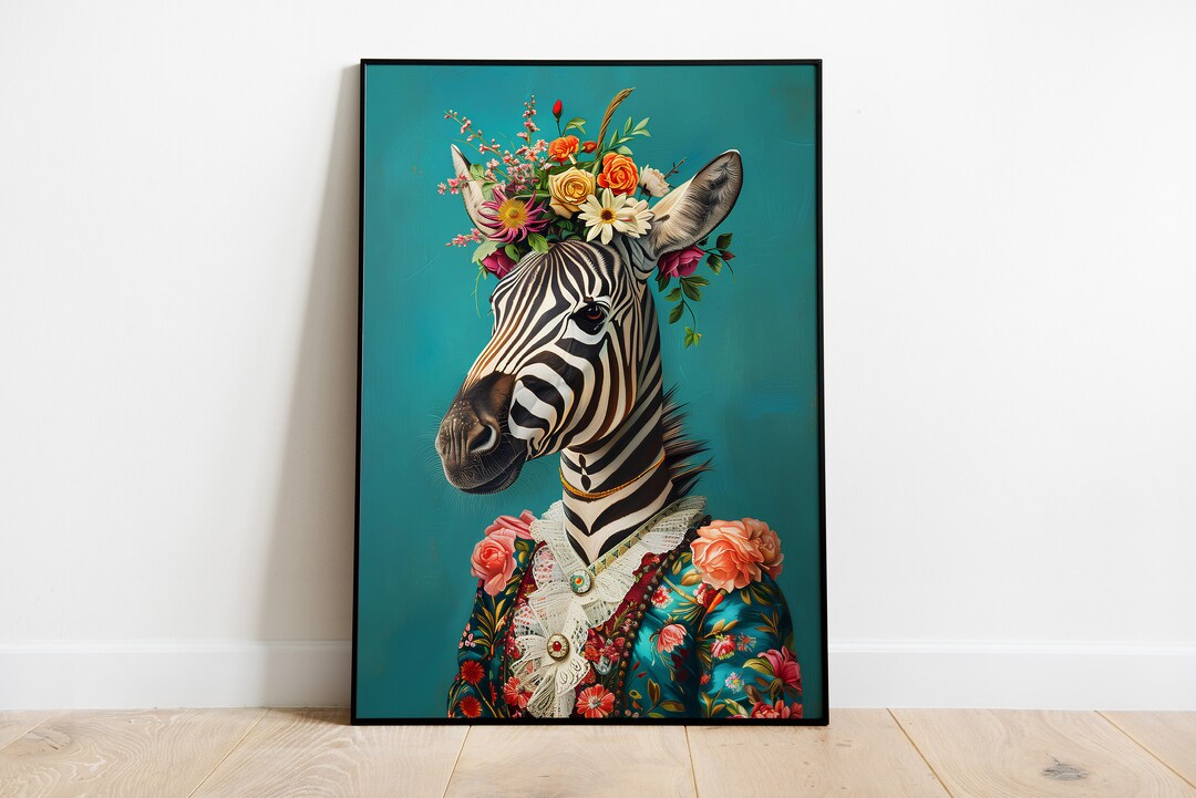 Zebra Portrait Print, Eclectic Zebra Poster, Colourful Flowery Zebra ...