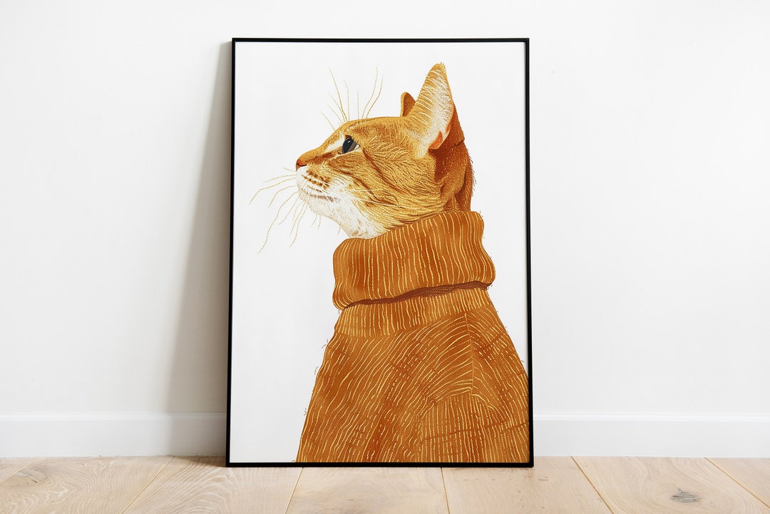 Cat in Sweater Print, Cute Orange Cat Poster, Cat Portrait Illustration ...