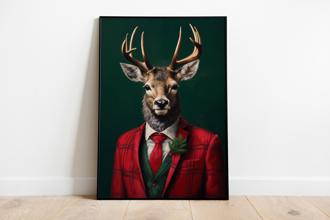 Christmas Stag Print, Stag Portrait Poster, Elegant Festive Wall Art ...