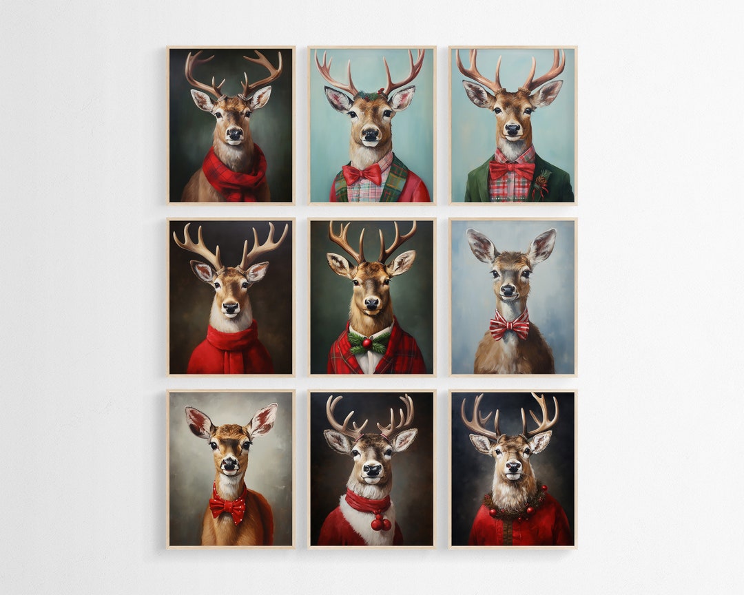 Christmas Print Set, Reindeer Portrait Oil Painting, Xmas Printable ...