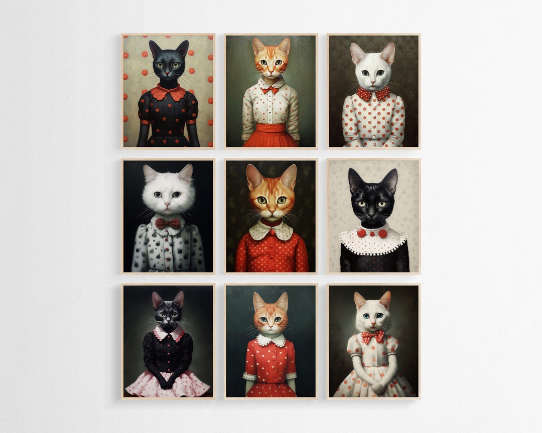Cat Portrait Art Prints: Polka Dot Cats, Whimsical Home Decor (digital ...