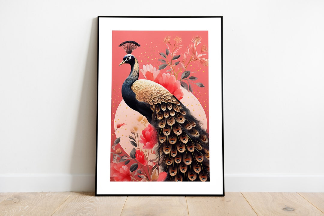 Vintage Peacock Art Print, Peacock on Pink Background Poster, Colorful ...
