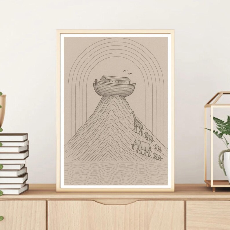 Noah and the Ark - Minimalistic Pencil Drawing of Animals Boarding the ...
