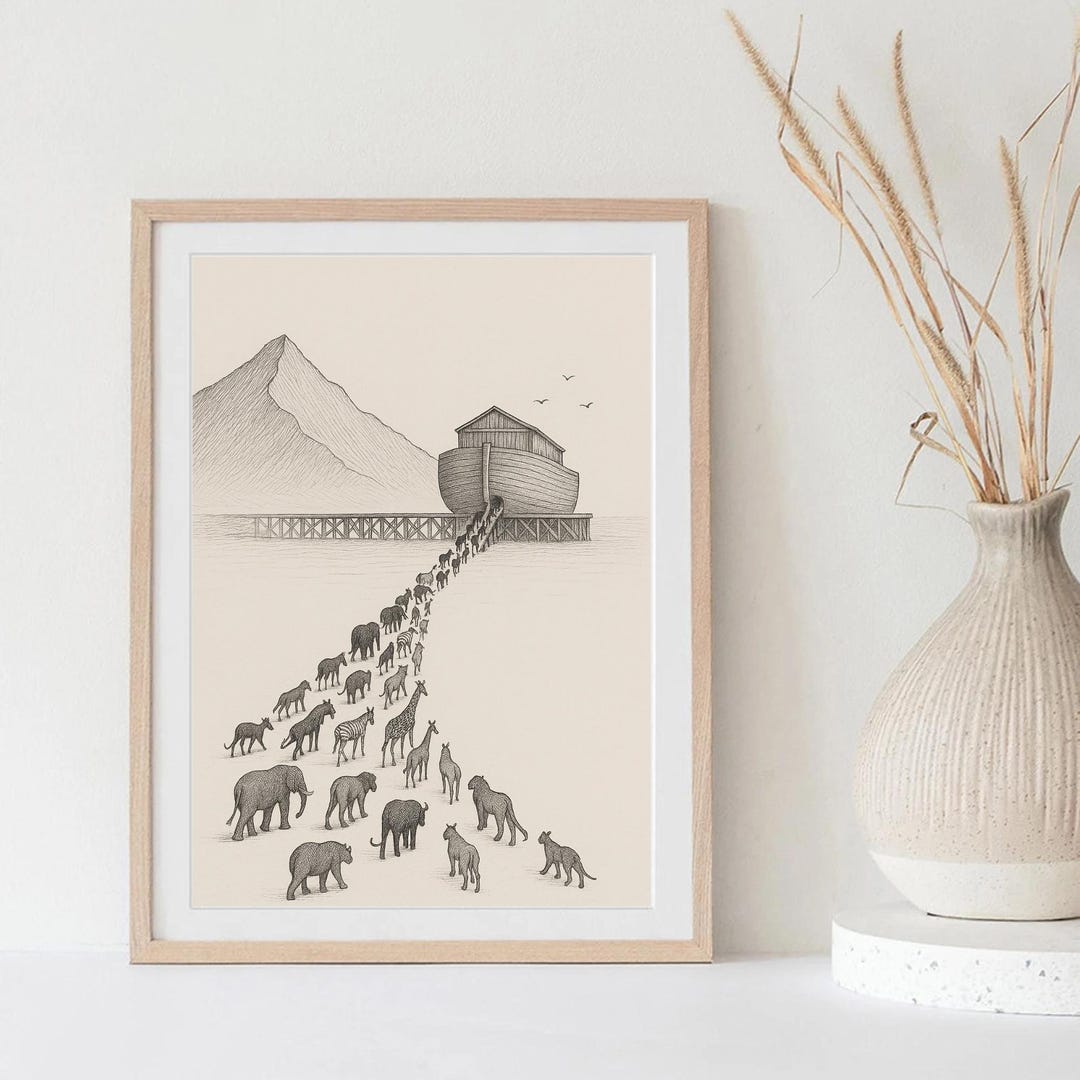 Noah's Ark - Minimalistic Pencil Drawing of Animals Boarding the Ark ...