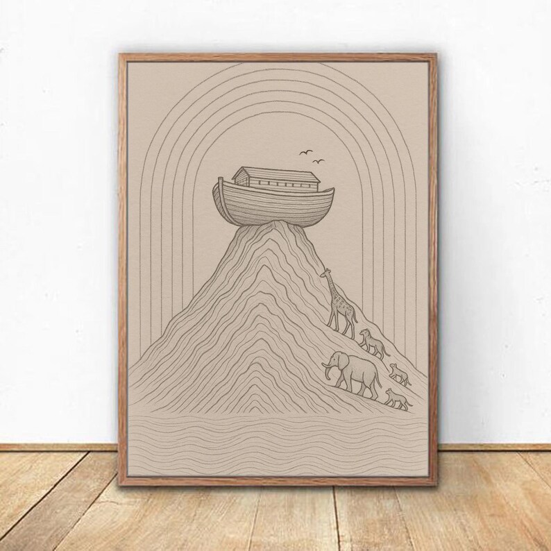 Noah and the Ark - Minimalistic Pencil Drawing of Animals Boarding the ...