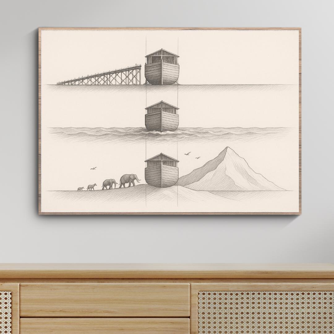 Building Noah's Ark - Minimalistic Pencil Drawing of Animals Boarding ...