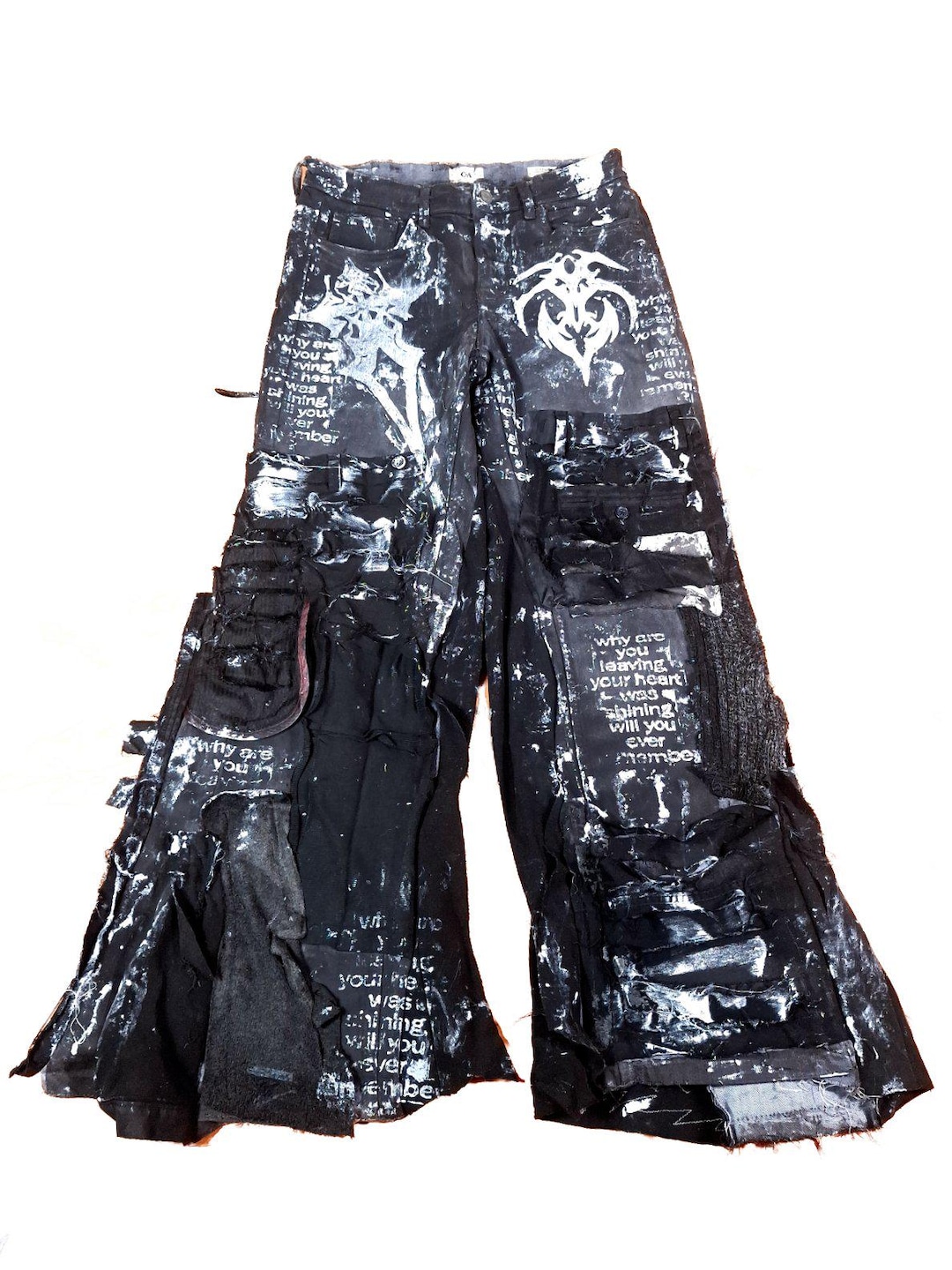 Calça jeans flare exclusiva, feita à mão, personalizada, estilo punk ...