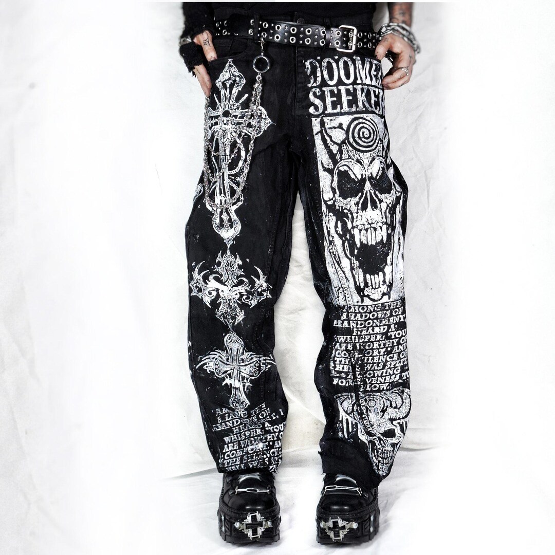 Calças largas personalizadas feitas à mão, estilo jeans, punk, gótico ...