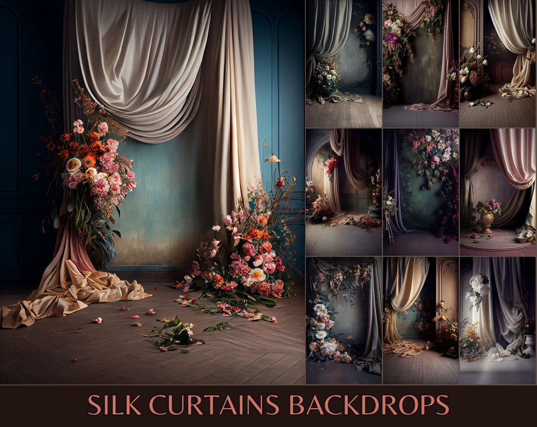 Silk Curtains Digital Backdrops, Decorated With Flowers Digital ...