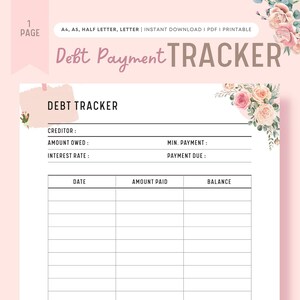 Floral Debt Payment Tracker Printable, Debt Tracker Printable, Debt ...