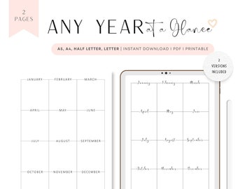 Any Year at A Glance, INSTANT DOWNLOAD, Printable Yearly Calendar ...