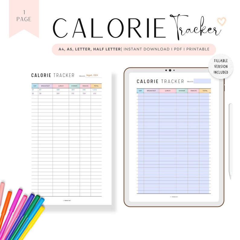 Food Calorie Tracker Printable, Fillable Daily Food Journal, Calorie ...