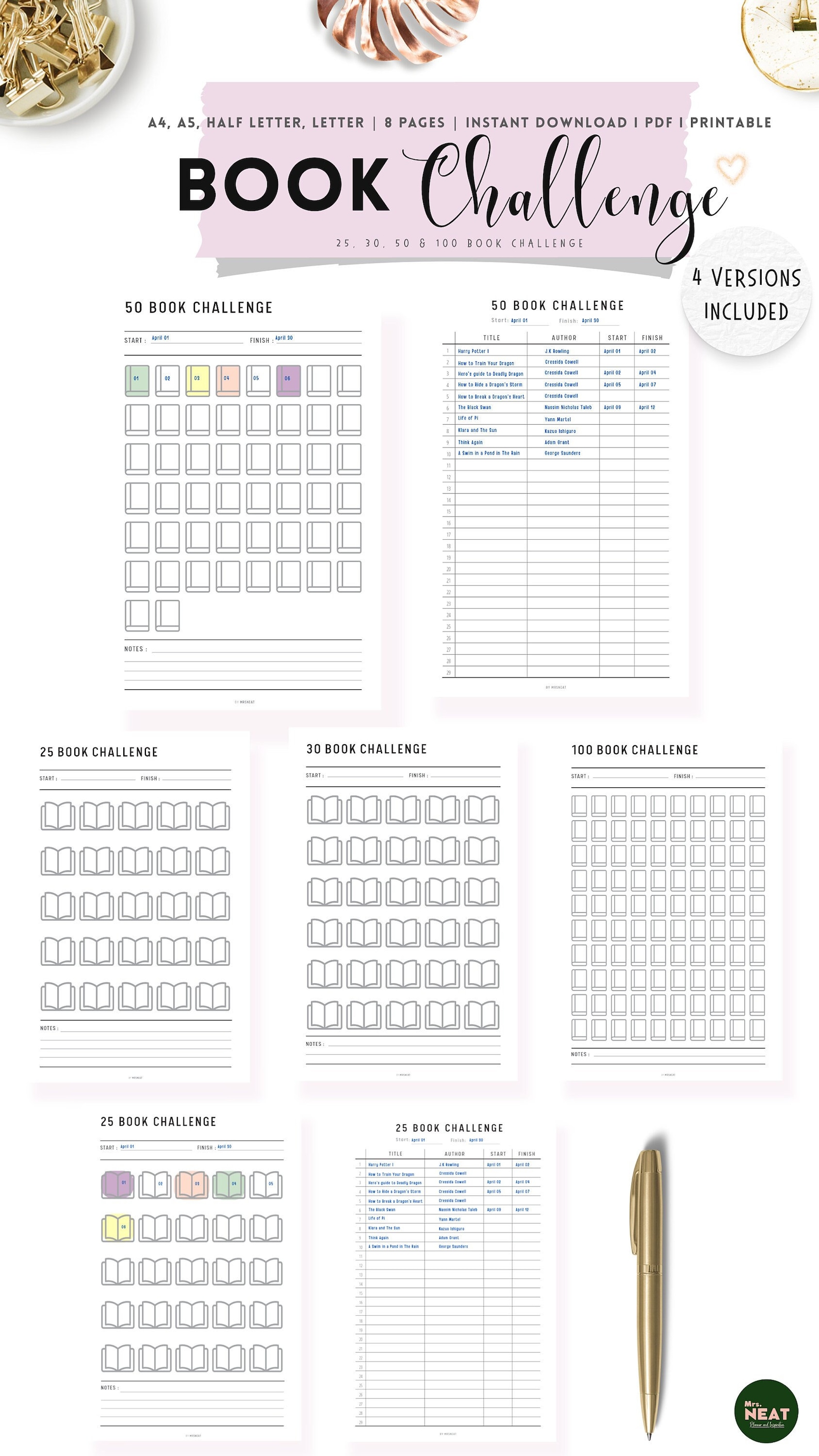 Book Challenge Printable, 100, 50, 30 Book Challenge, 25 Book Challenge ...