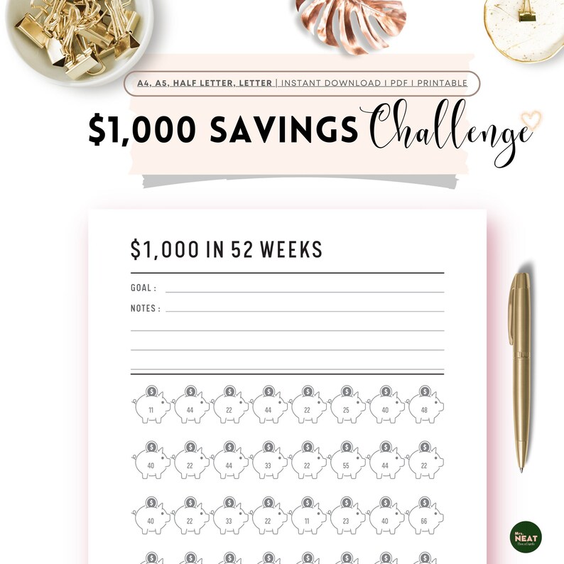 1000 Money Saving Challenge Printable Saving Challenge in 52 - Etsy